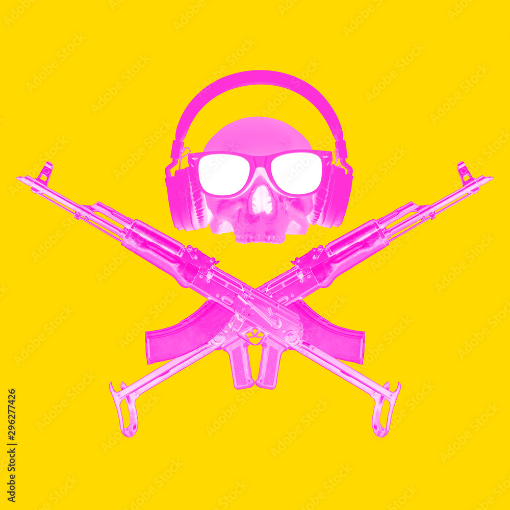 Skull in pink headphones and glasses on a yellow background. Crossed AK ...