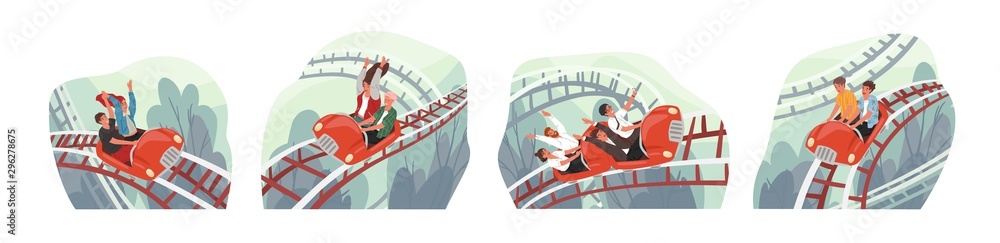 People ride roller coaster flat vector illustrations set. Friends and ...