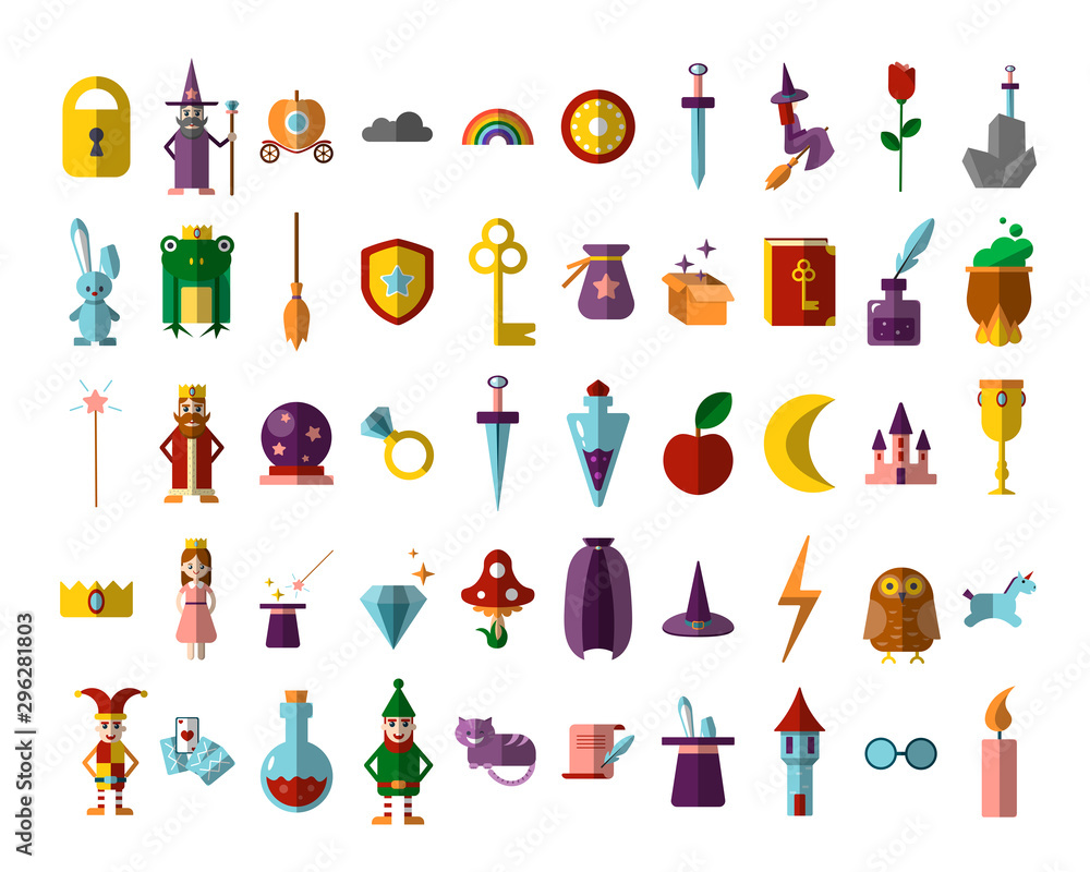 Flat vector set of fabulous magical halloween items. Book, magic ball ...