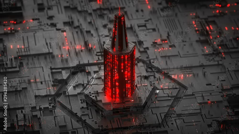 Digital tower of glowing HEX code. IT office tower concept. Seamless ...