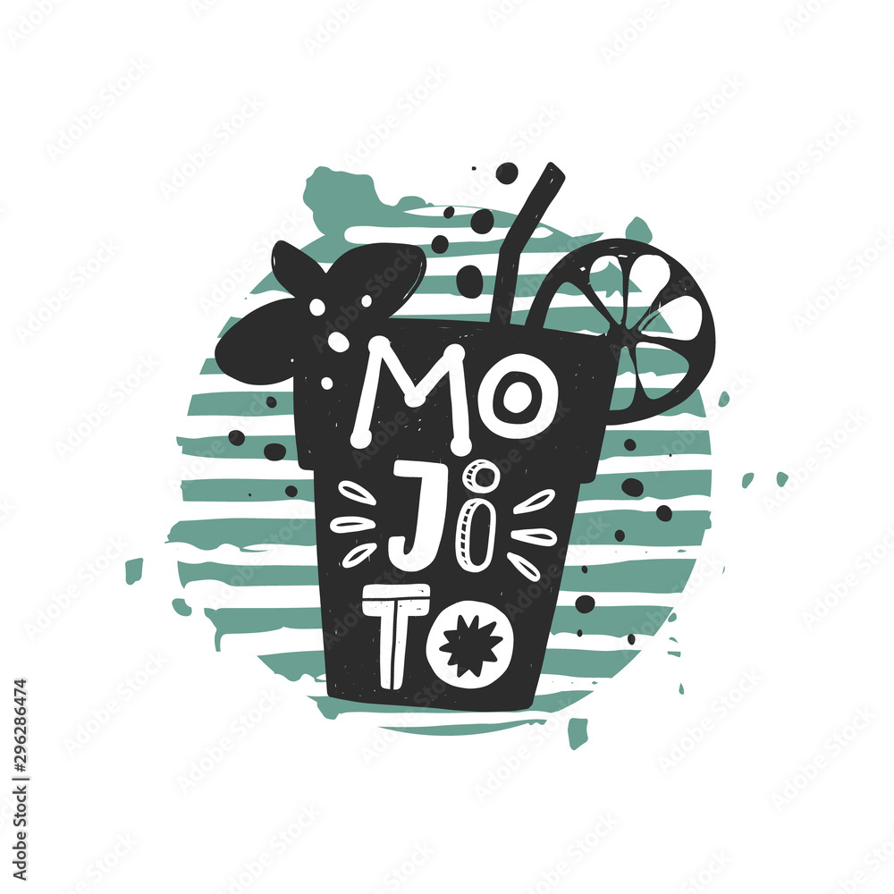 Mojito grunge style banner template. Cocktail glass with lemon slice ...