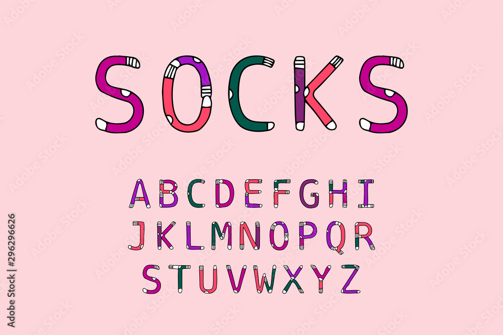 Socks hand drawn vector type font clothing in cartoon comic style Stock ...