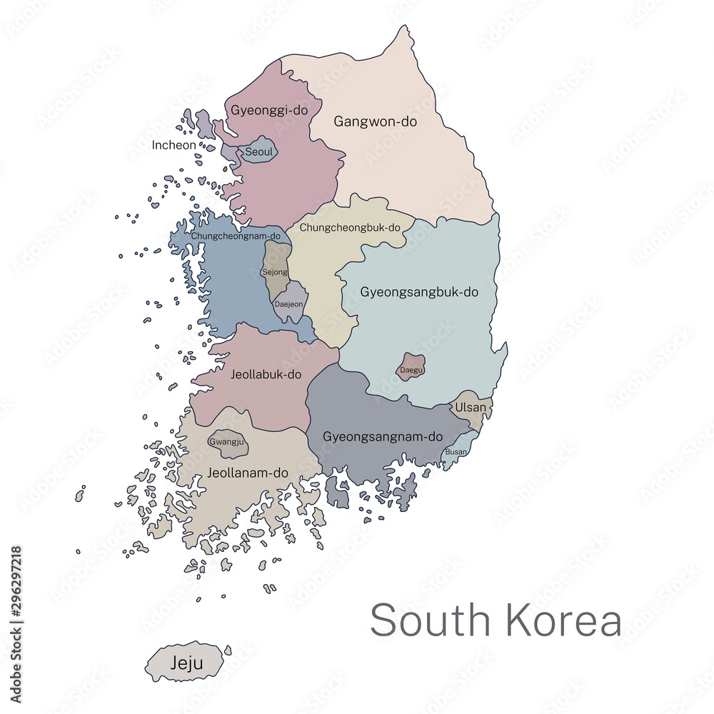 Vector detailed map of South Korea regions Stock Vector | Adobe Stock