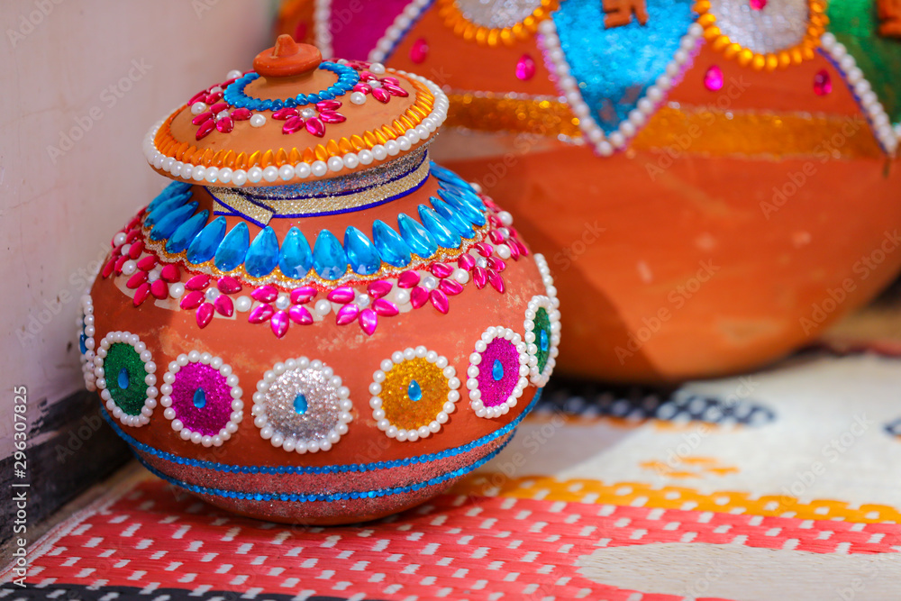 Painted Decorative Earthen Pot for wedding in Hinduism culture Stock ...