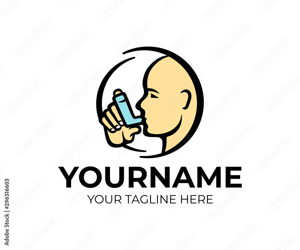 Asthma inhaler, man holds an asthma inhaler, logo design. Man head with ...
