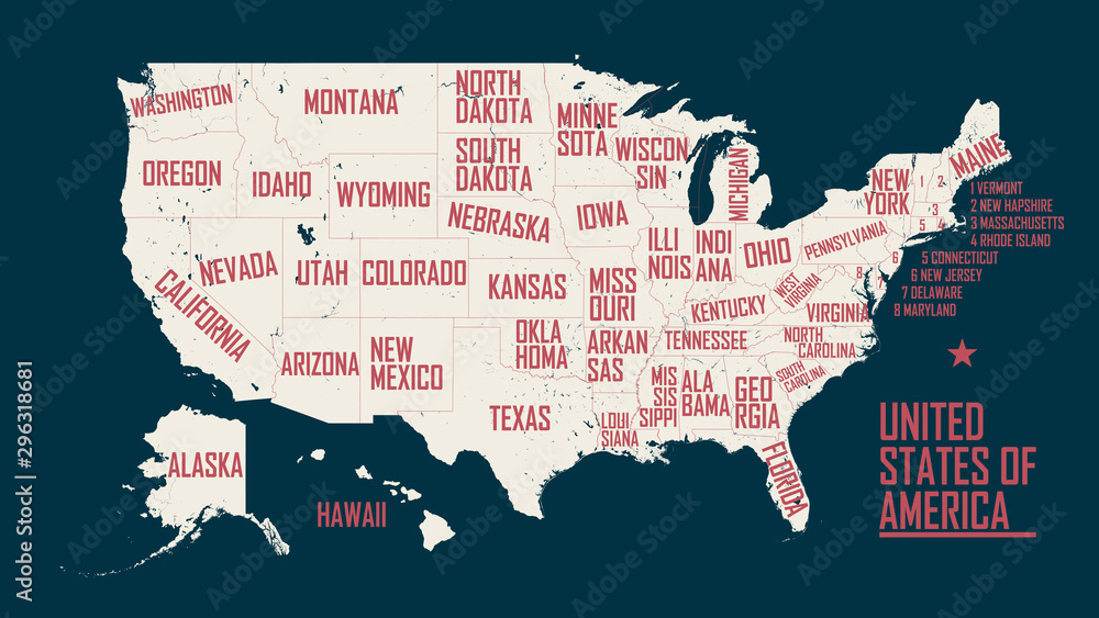 Map of the United States of America, with borders and state names ...