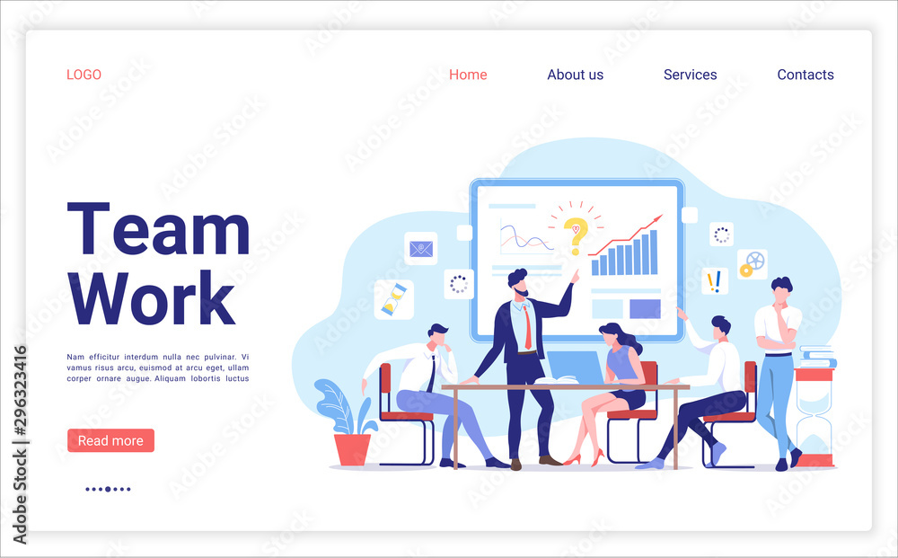 Landing page template of Teamwork Design. People working in a team and ...