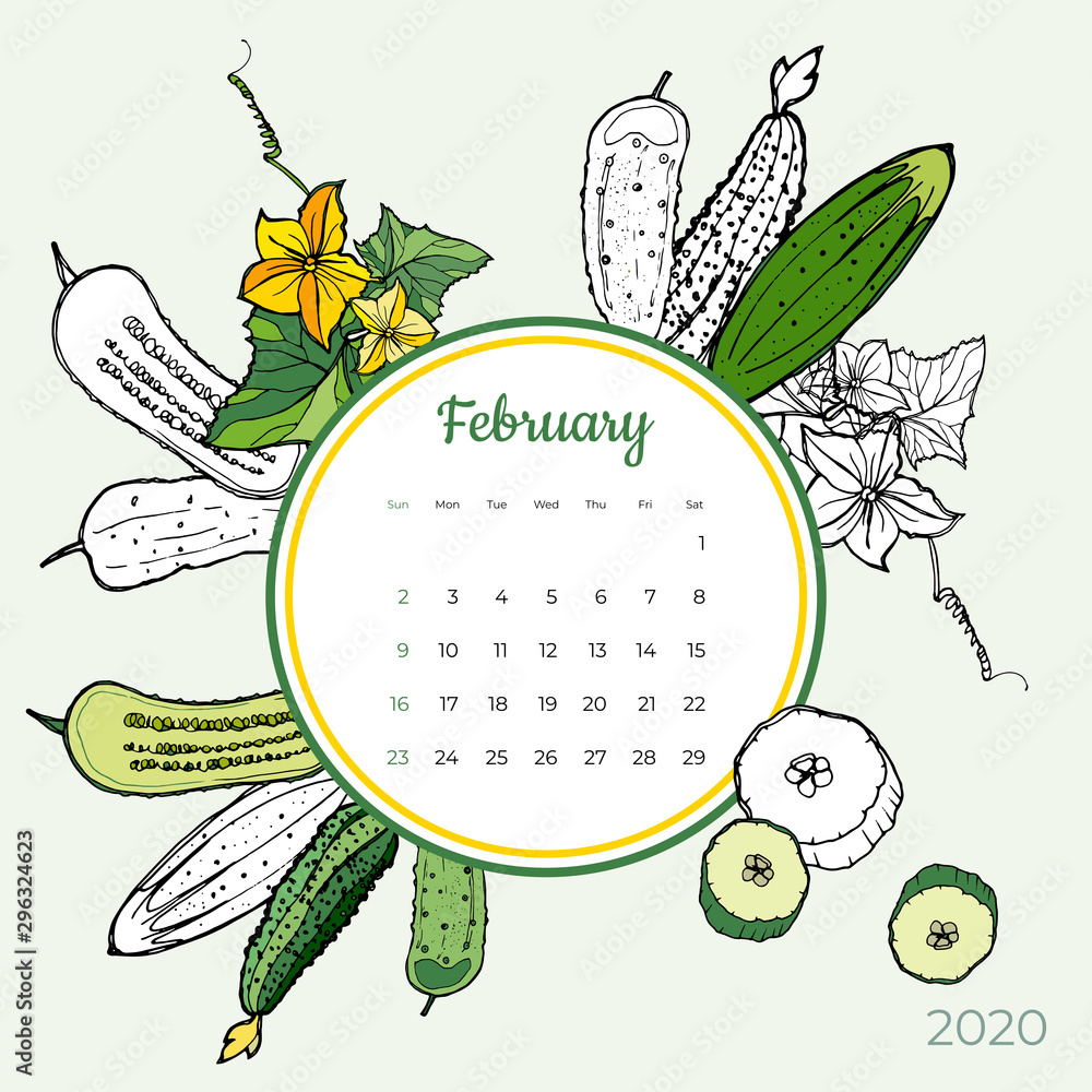 2020 February calendar vegetable. Green cucumber groceries art vector ...