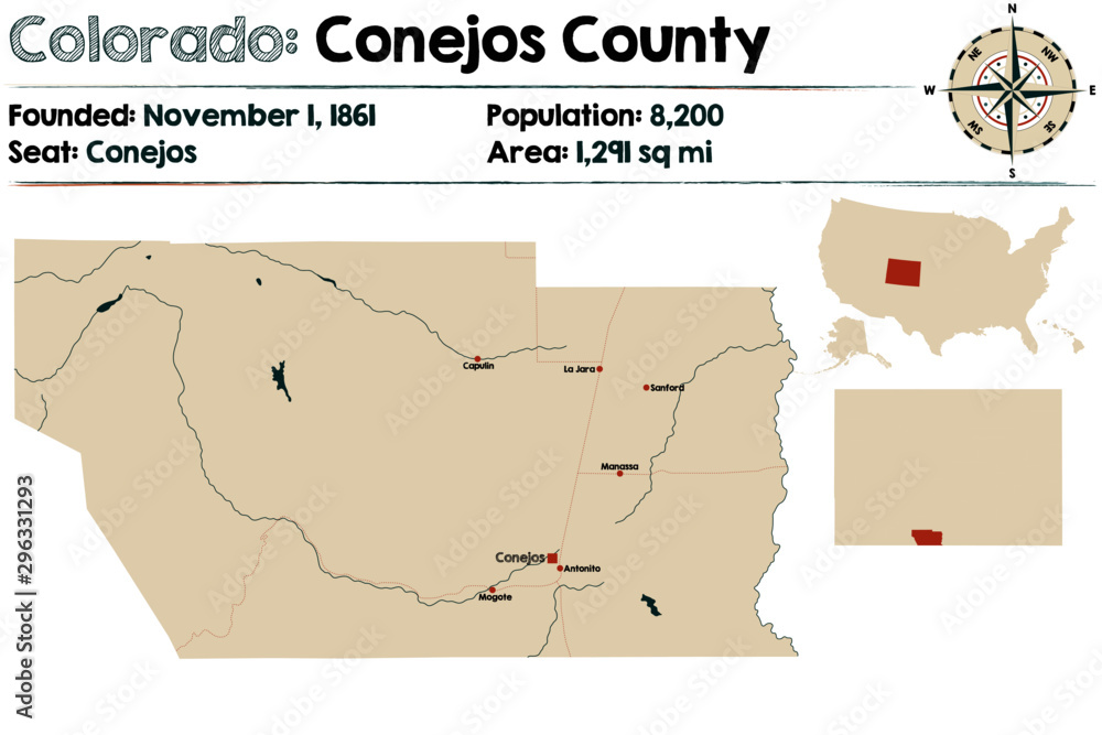 Large and detailed map of Conejos county in Colorado, USA Stock Vector ...