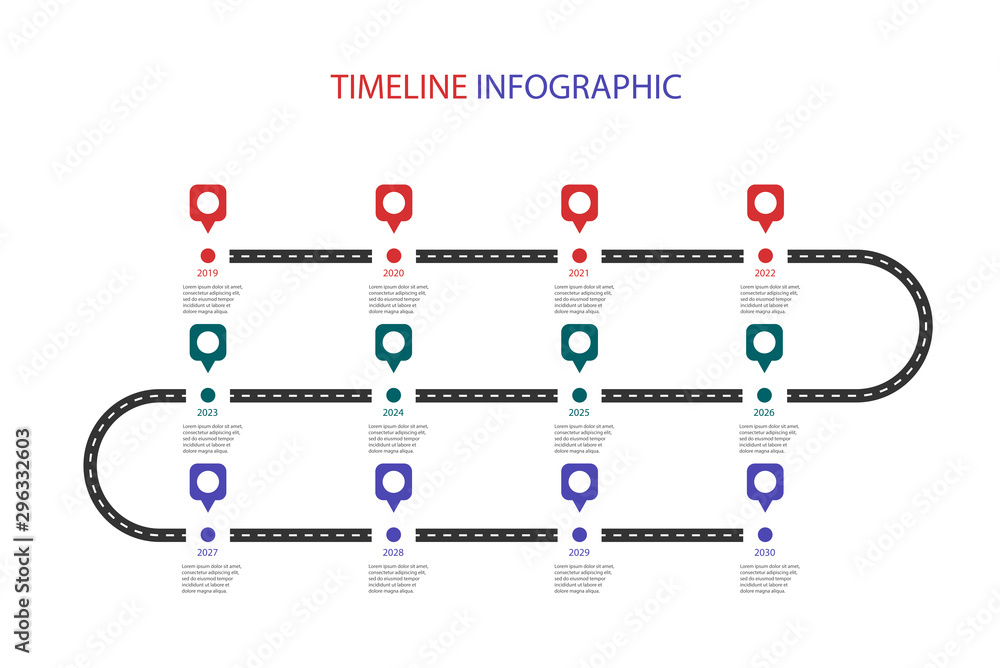 Road map business timeline infographic with 12 step pins. Can be used ...