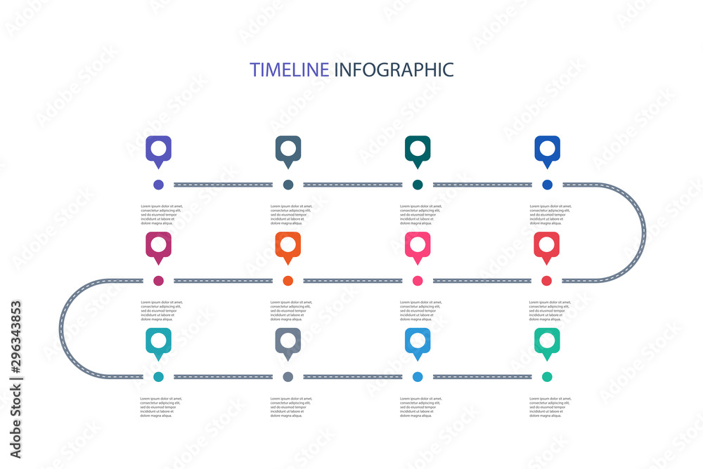 Vetor de Road map business timeline infographic with 12 step pins. Can ...