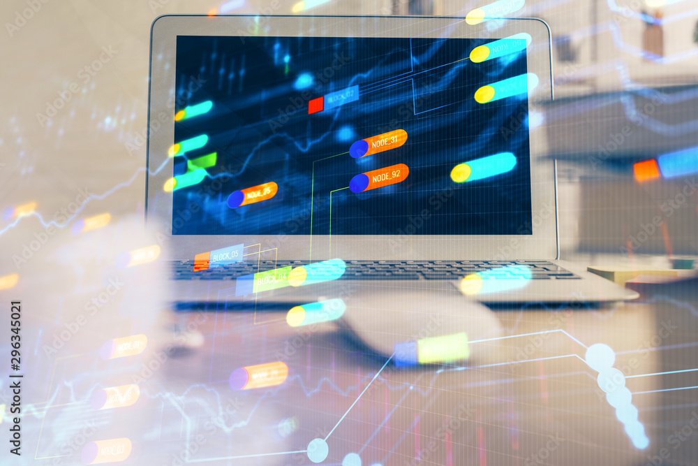 Technology theme drawing and work space with computer. Multi exposure ...