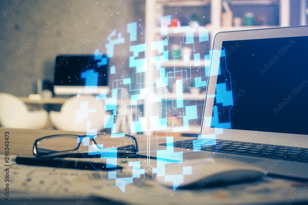 Technology theme drawing and table with computer. Multi exposure ...