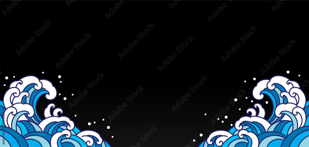 Color ocean wave line vector isolated on black background and in corner ...