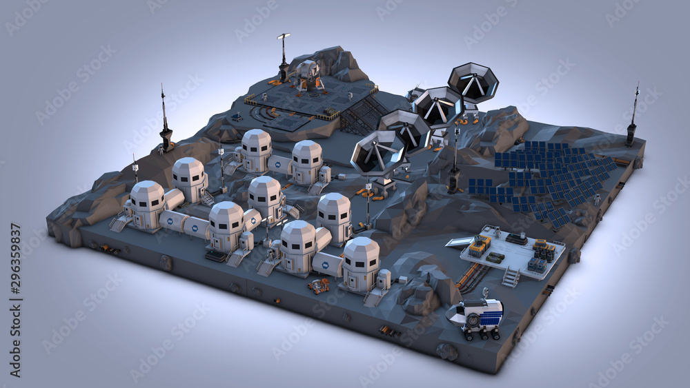 NASA low poly moon colony - 3D model animation on a black background ...