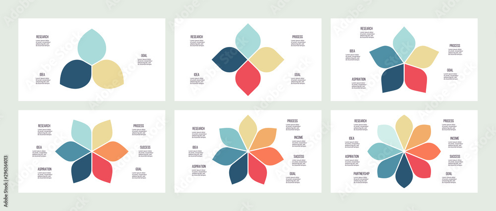 Business infographics. Flower pie charts with 3, 4, 5, 6, 7, 8 parts ...