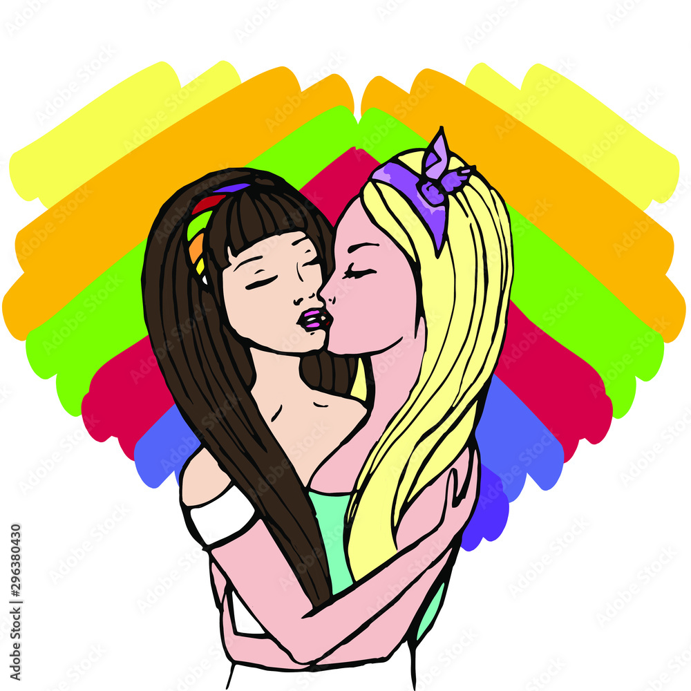 Lesbians Kissing Lgbt Flag Heart Shape Two Young Women Homosexual