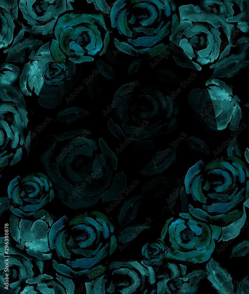 Roses frame. Hand-drawn, watercolor trendy, turquoise flowers border ...