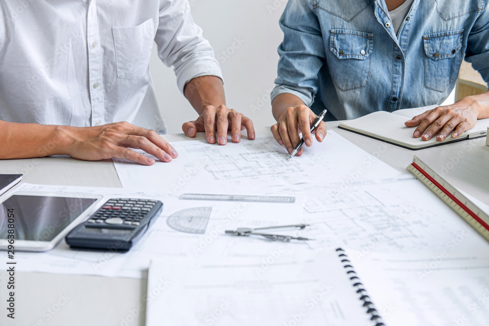 Architecture Engineer Teamwork Meeting, Drawing and working for ...