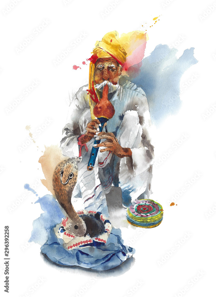Snake charmer Indian man musician watercolor painting isolated on white ...