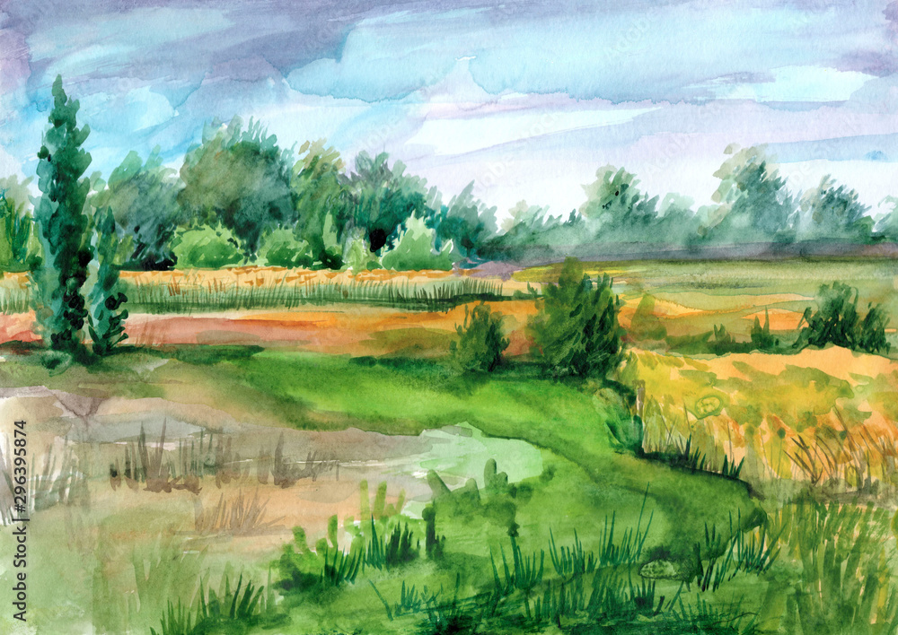 watercolor landscape Stock Illustration | Adobe Stock