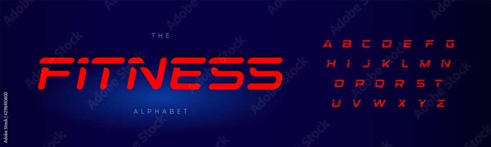 Fitness letters set. Red modern cut style alphabet on blue background ...