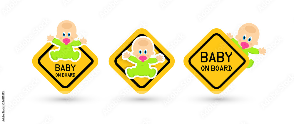 Baby on board warning sticker set, road signs, isolated vector signs ...