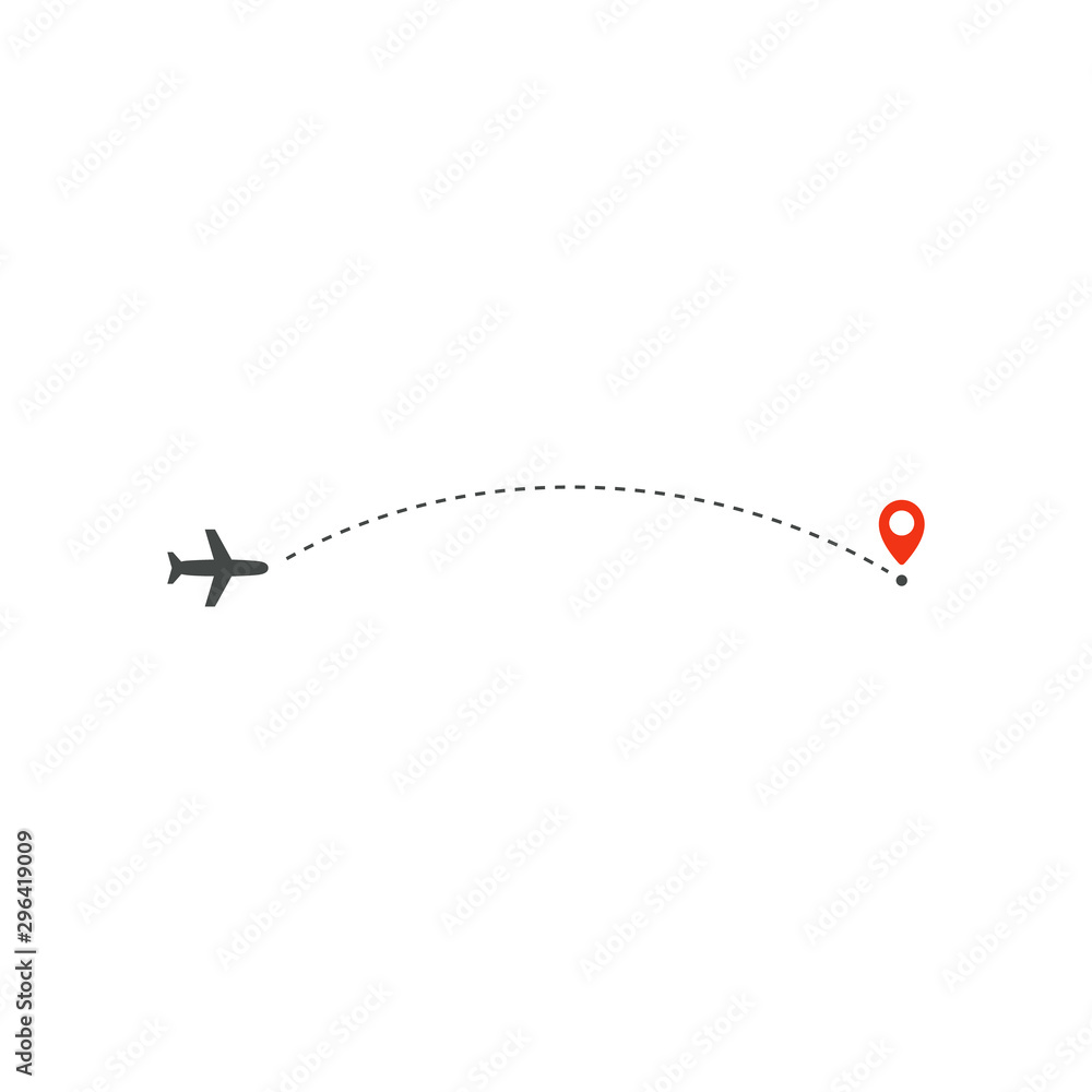 Plane way icon, airplane path direction and destination red point, logo ...