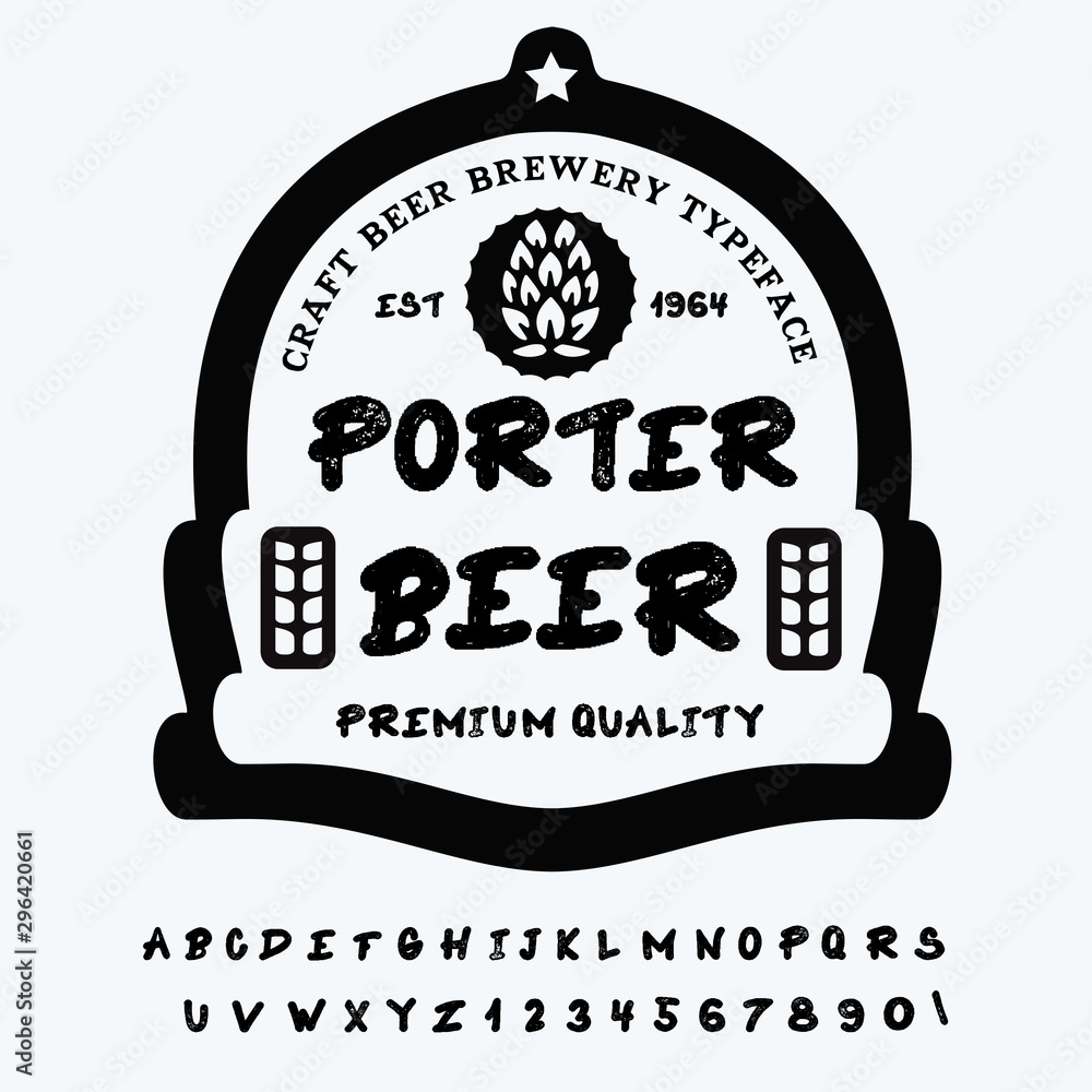 " beer " typeface. Vector hand crafted font in medieval style with hops ...