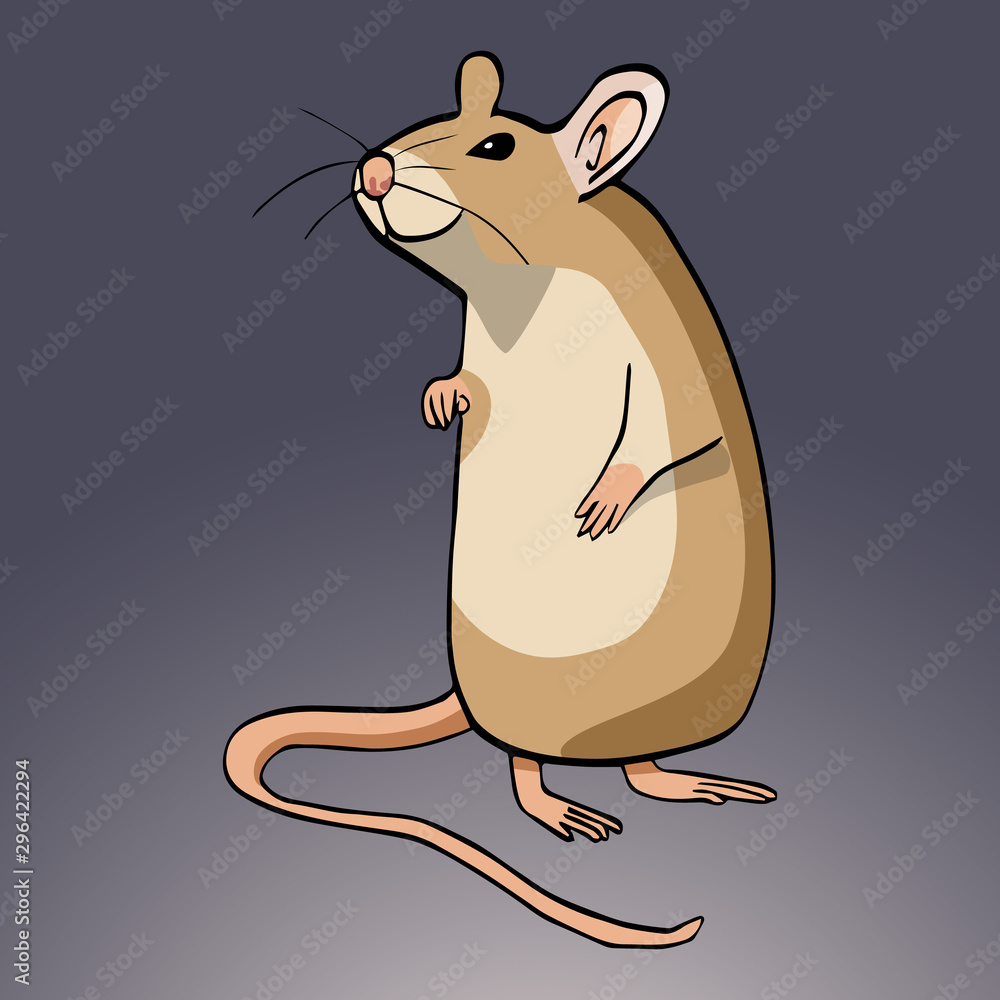 Hand-drawn cartoon-style cute smiling rat standing on the back legs ...