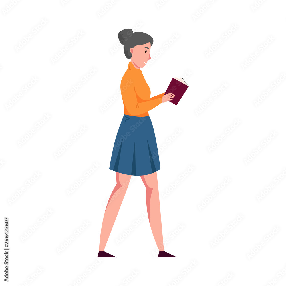 Young girl standing and reading a book with the purple cover. Vector ...