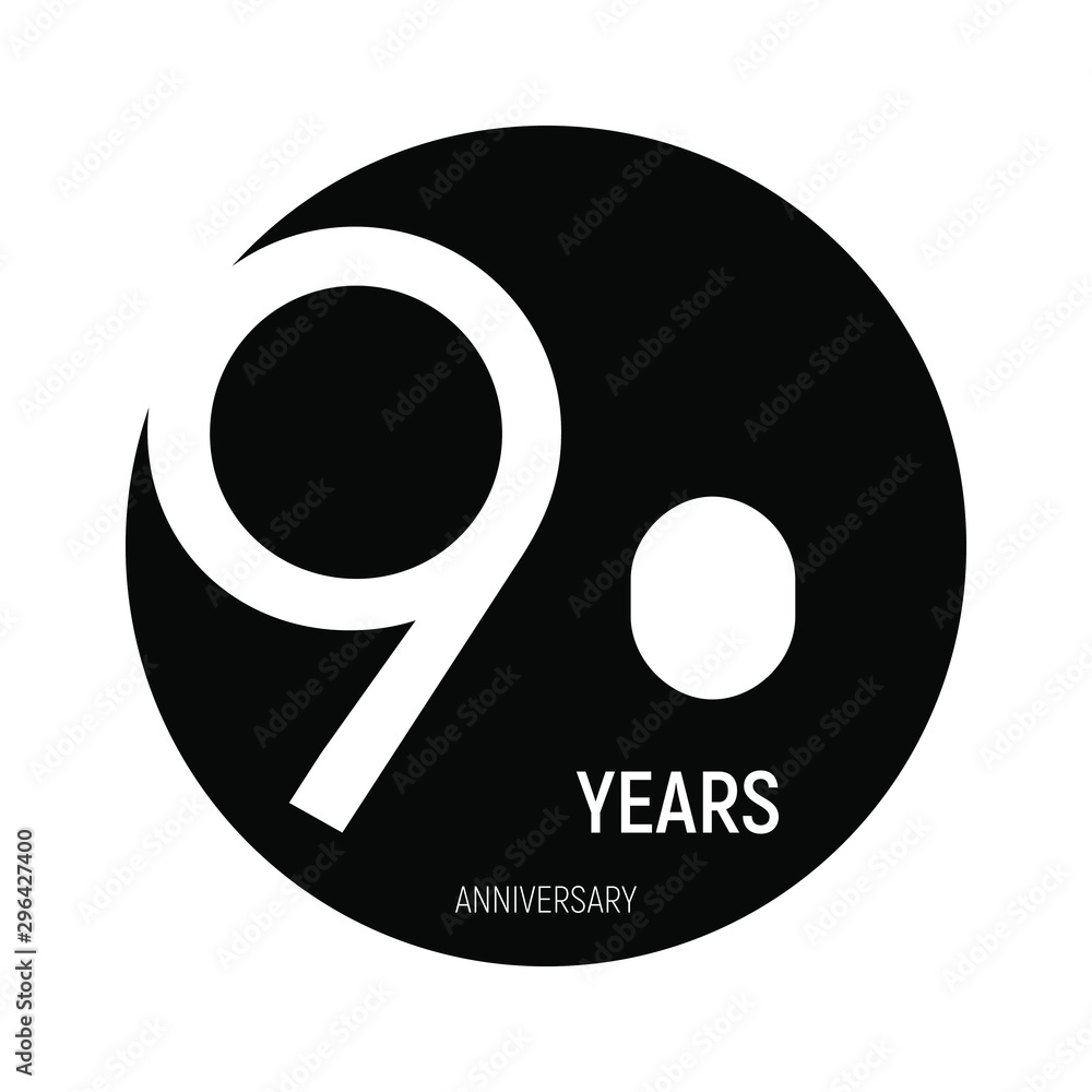 90 years anniversary logo template isolated on white, black and white ...