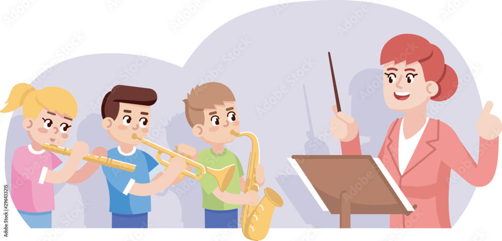 Rehearsal of children orchestra flat vector illustration. Kids ensemble ...