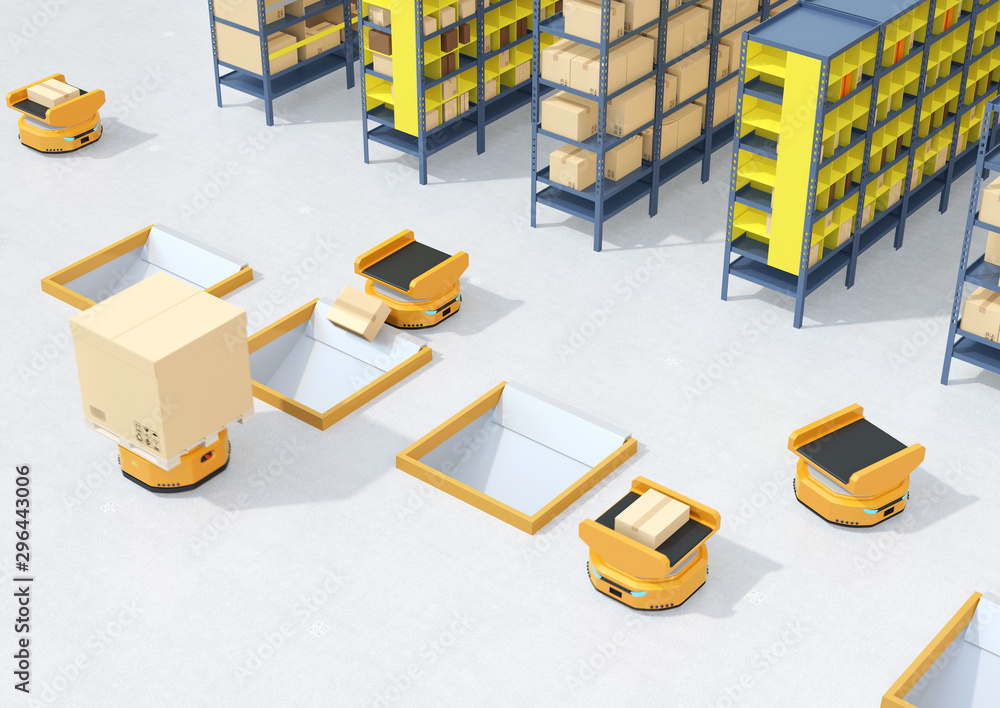 Autonomous Mobile Robots dropping parcel to delivery tunnel. Warehouse ...