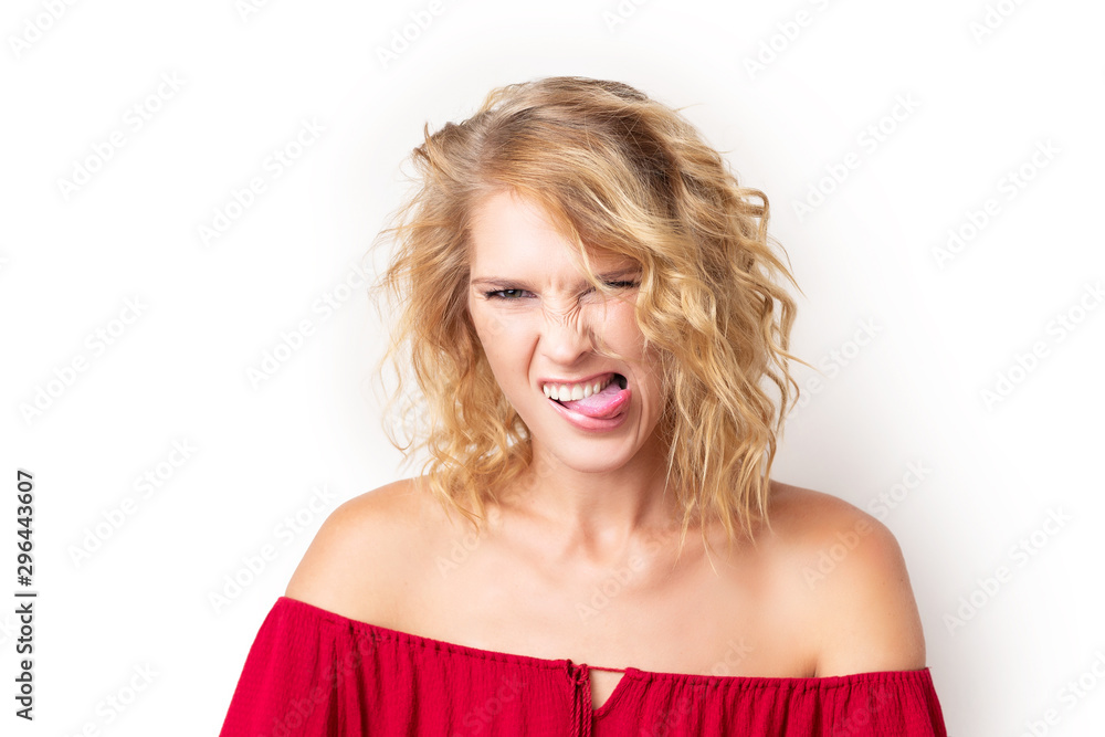 Closeup portrait of young caucasian woman with disgusted face ...