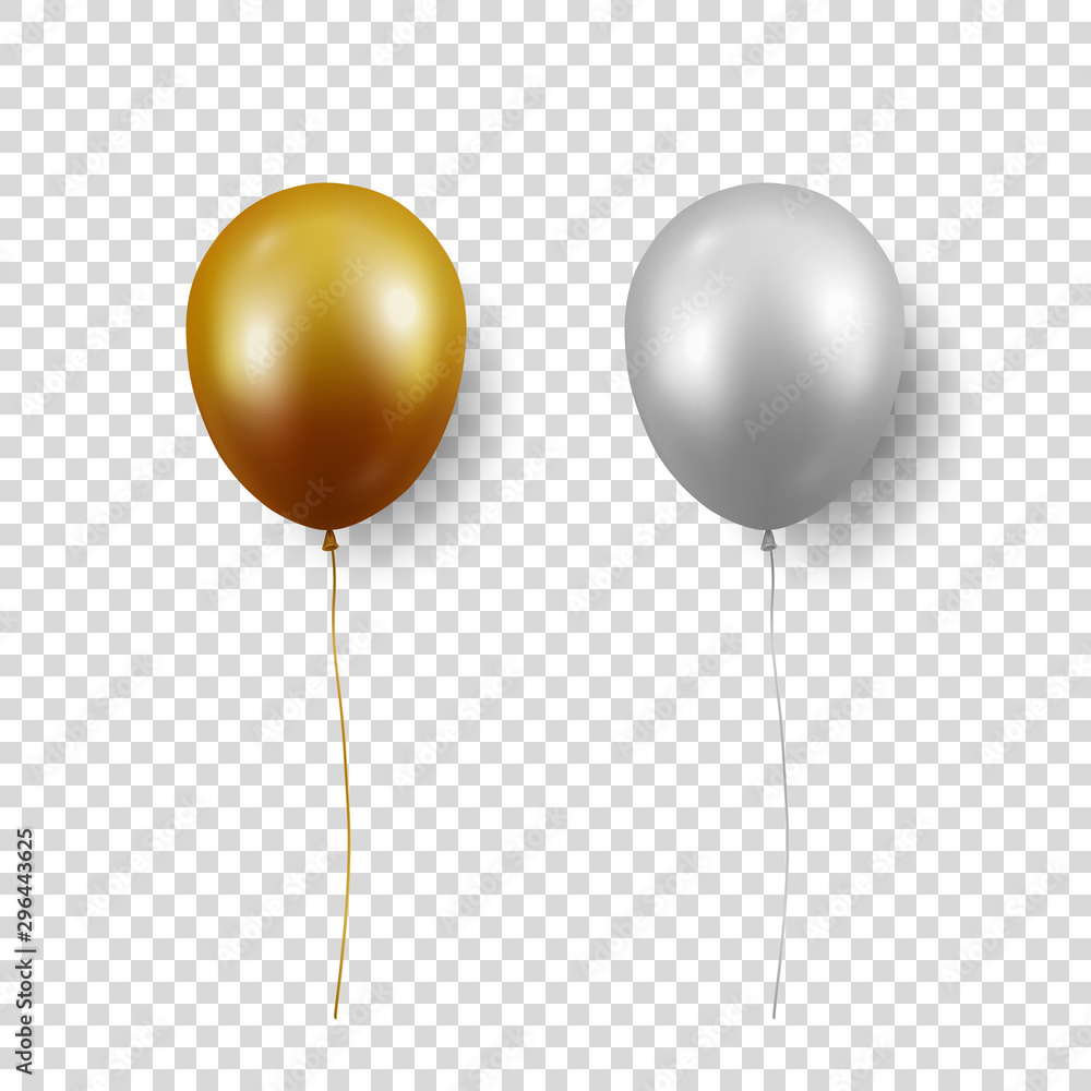 Vector 3d Realistic Glossy Metallic Gold, Silver Balloon with Ribbon ...