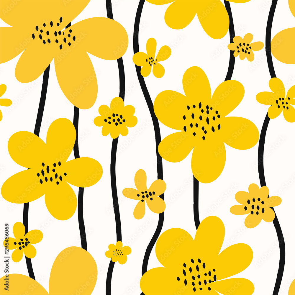 Seamless floral pattern with yellow flowers and wavy vertical lines on ...