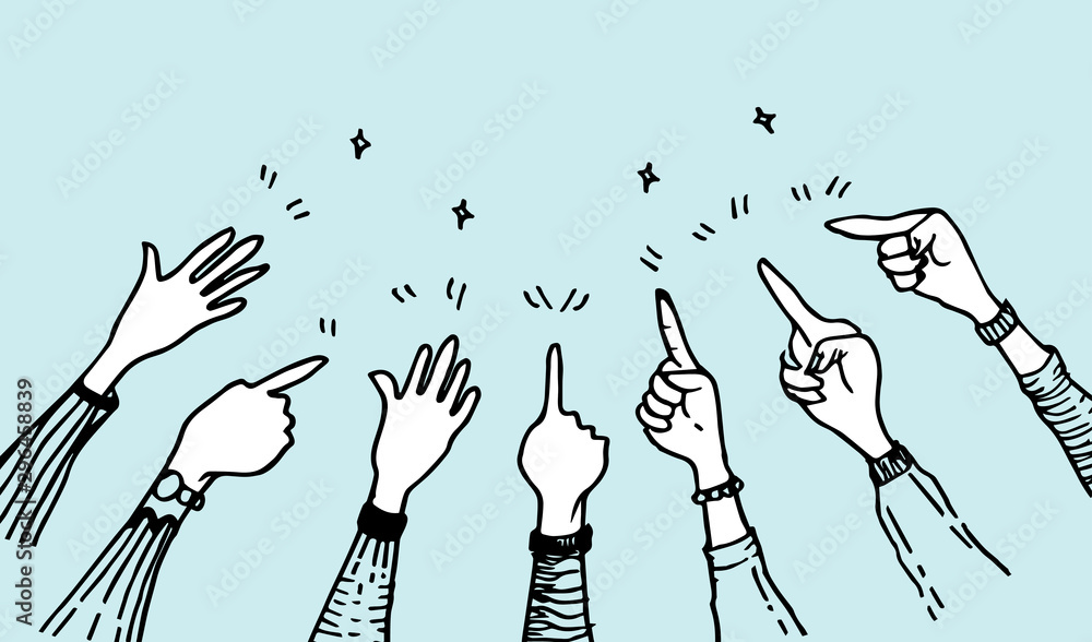 hand drawing with hands up, pointing finger, thumbs up gesture on ...