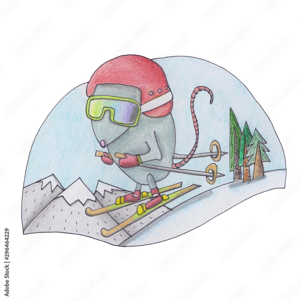 Funny rat on snowboard, sky. hand drawn digital illustration for ...