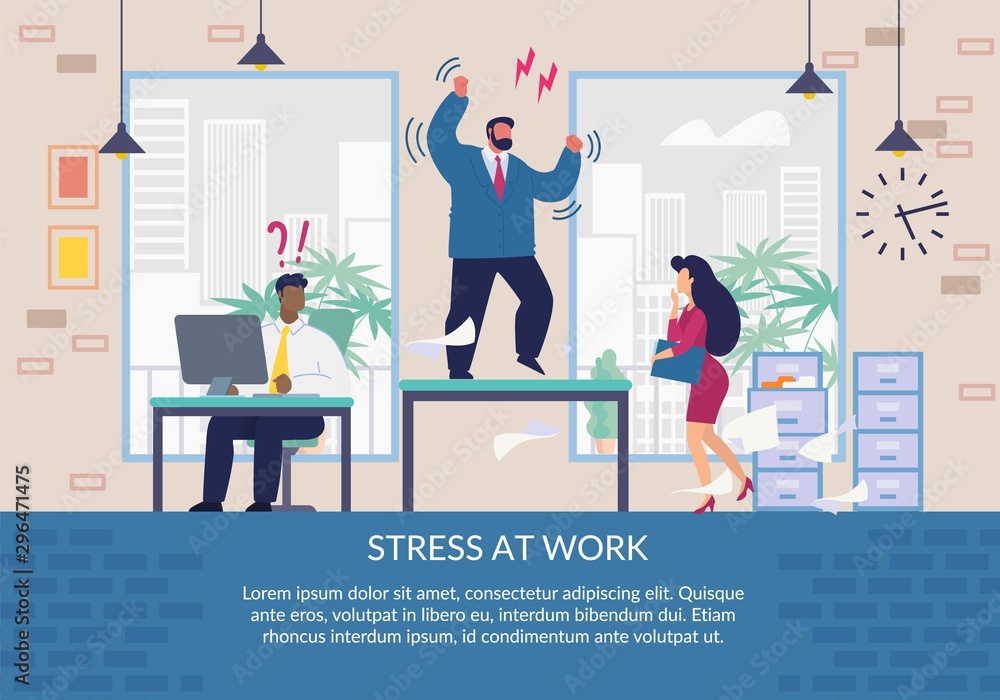 Stress at Work Poster Design and Cartoon Character Stock Vector | Adobe ...