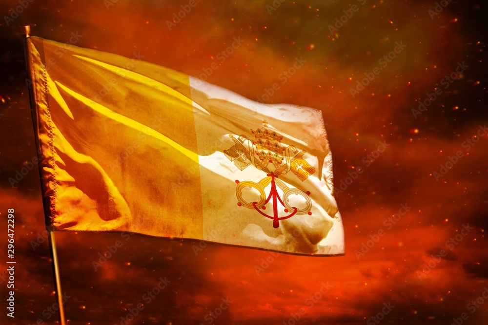 Fluttering Holy See flag on crimson red sky with smoke pillars ...