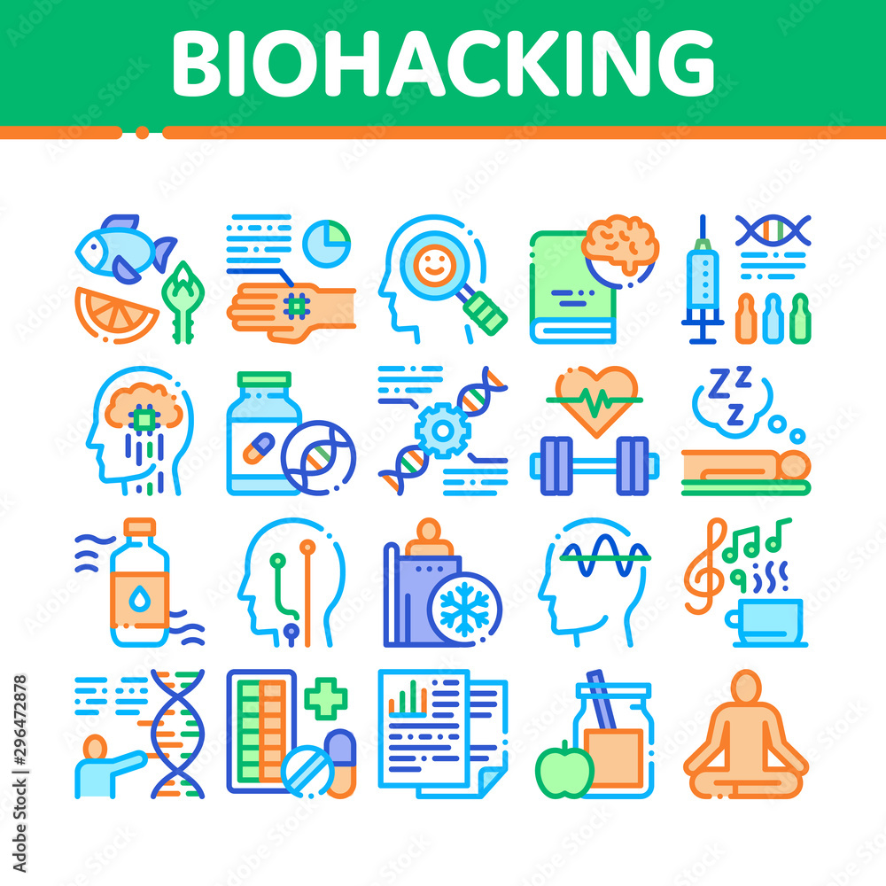 Biohacking Collection Elements Icons Set Vector Thin Line. Meditation ...