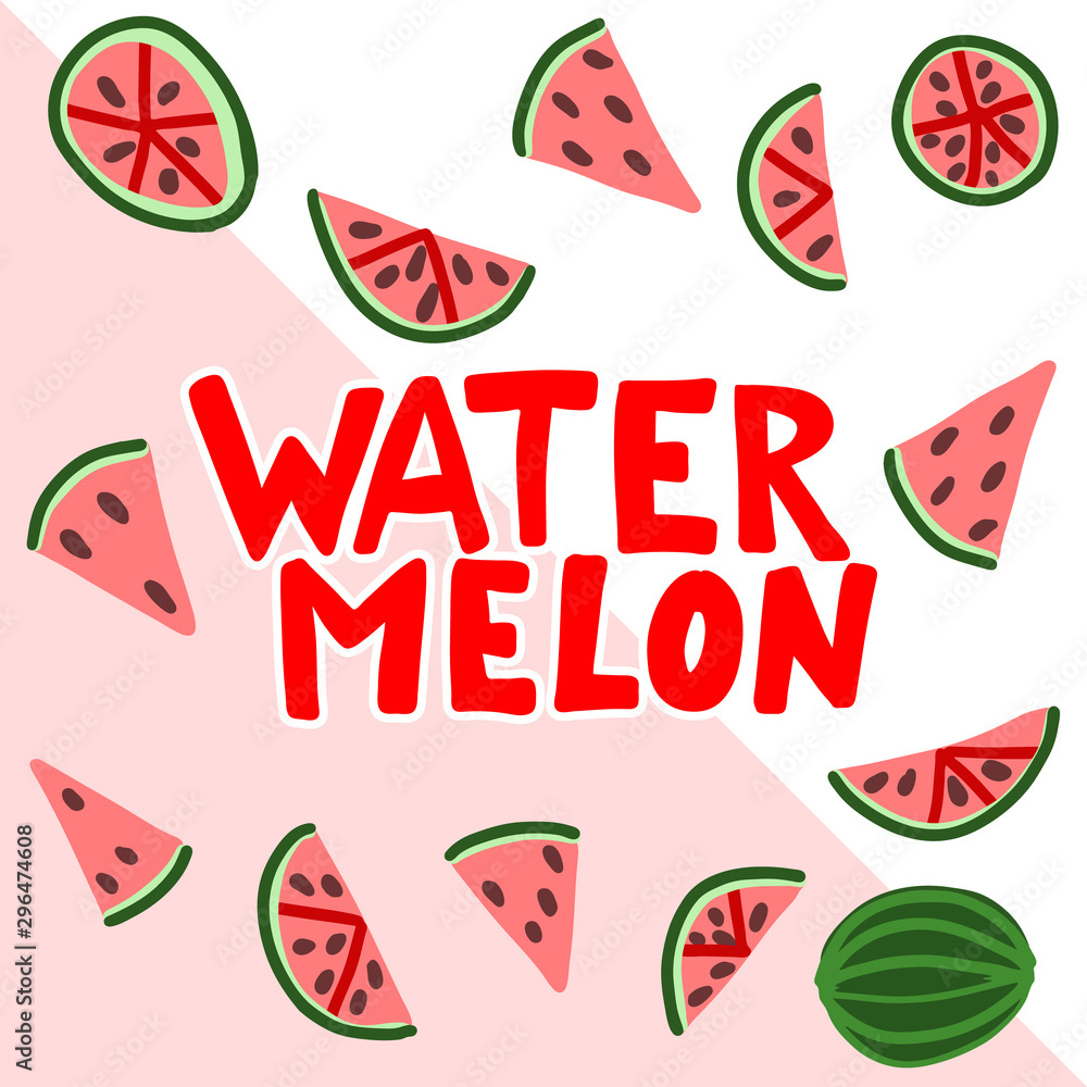Watermelon vector lettering. Red and green background. Tropical food ...