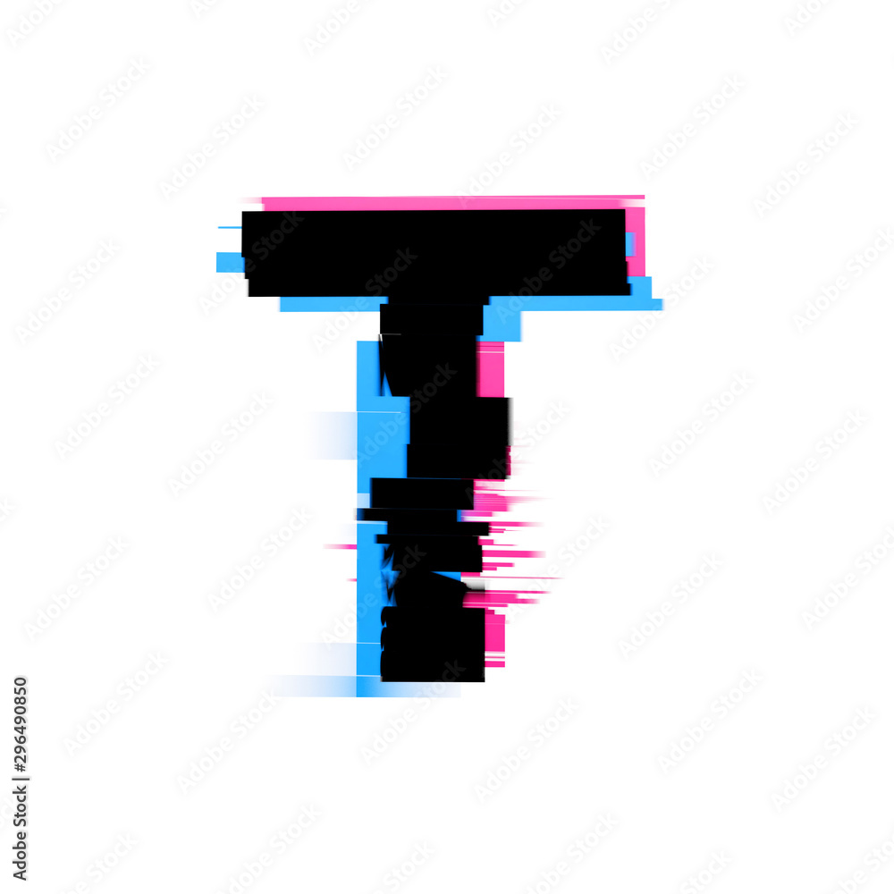 Letter T distorted neon glitch effect text font. 3D Render Stock ...