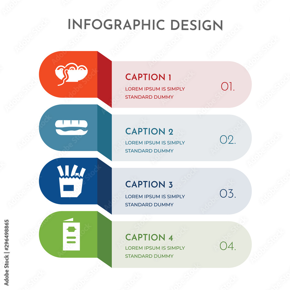 4 colorful filled icons set such as open menu, french fries box, long ...