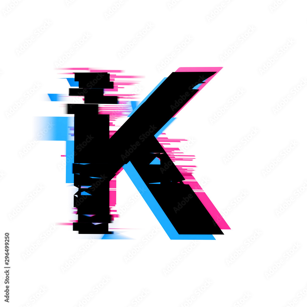 Letter K distorted neon glitch effect text font. 3D Render Stock ...