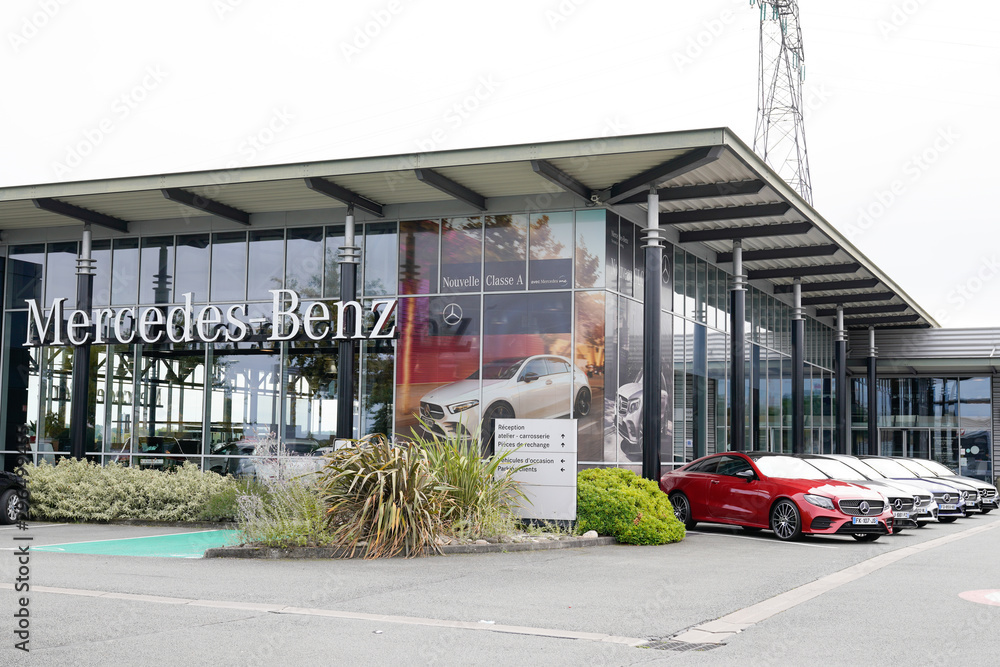Mercedes Benz amg car sign store dealership shop with park new car ...