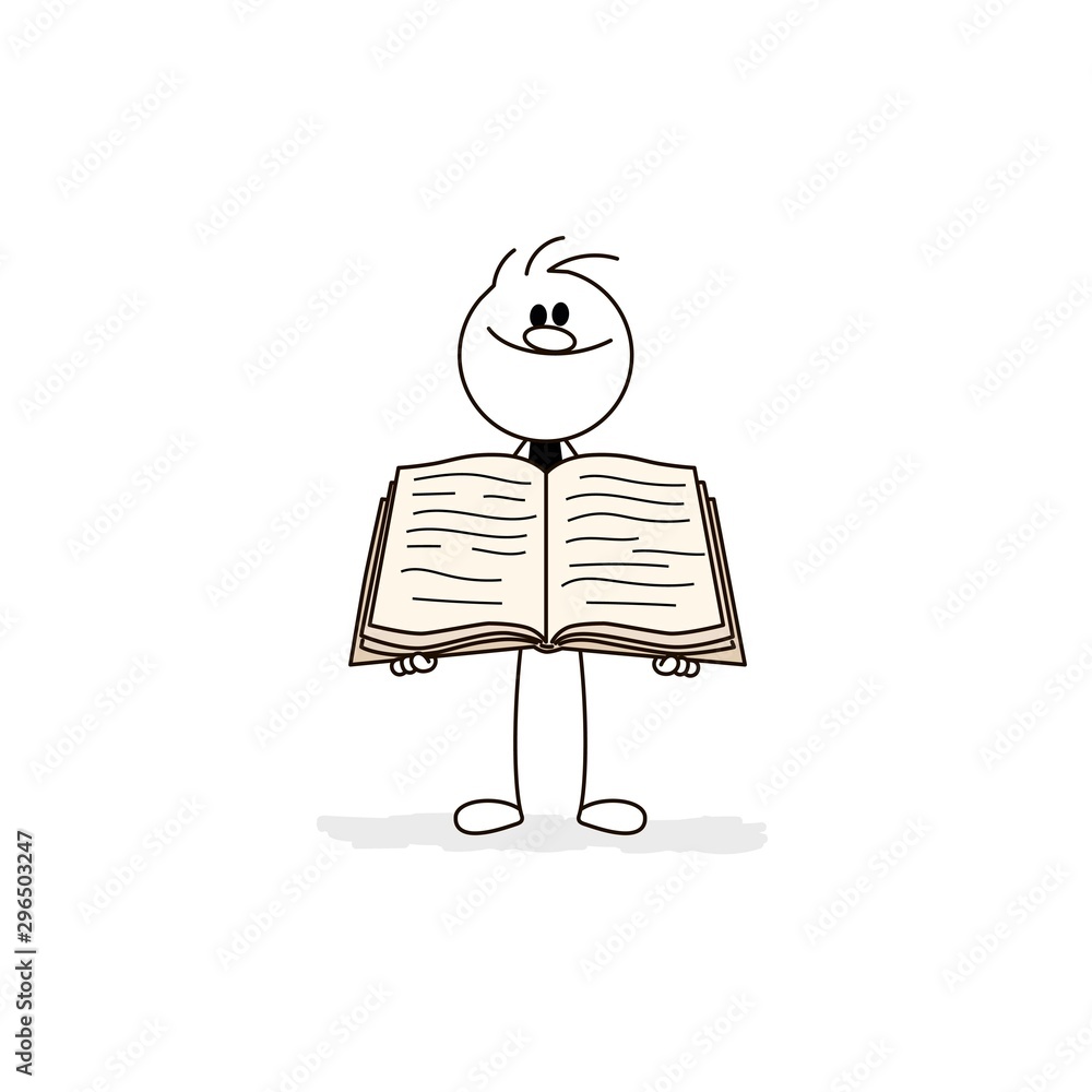 Doodle stick figure: Boy with big book. Hand drawn cartoon vector ...