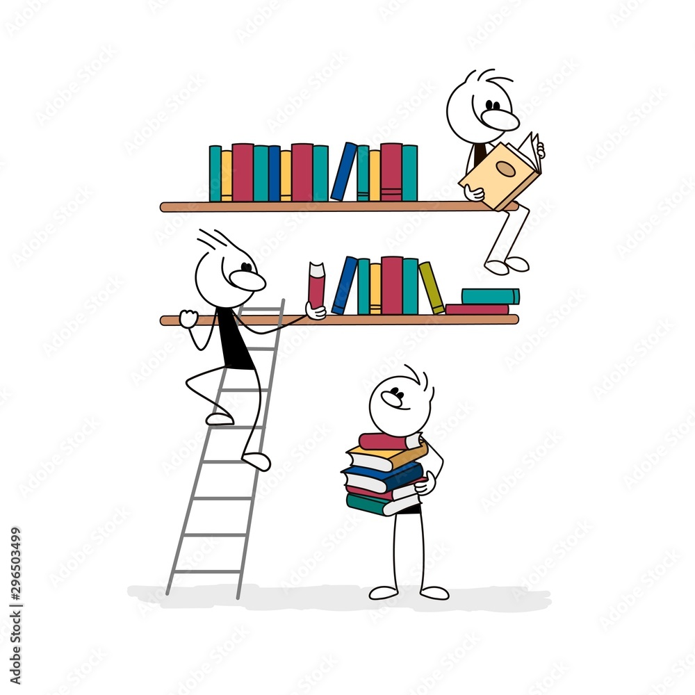 Doodle stick figure: Little people with books on shelves. Hand drawn ...