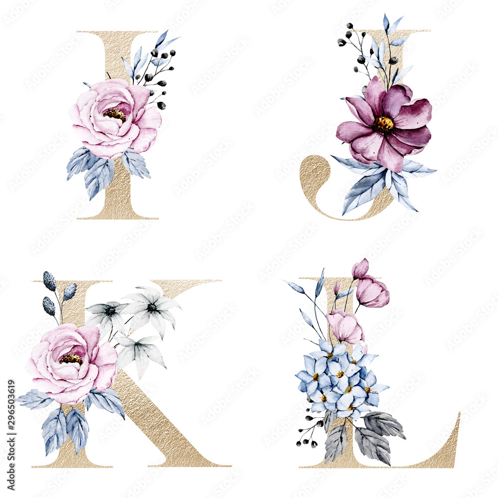 Floral alphabet, gold letters with watercolor pink and blue flowers and ...
